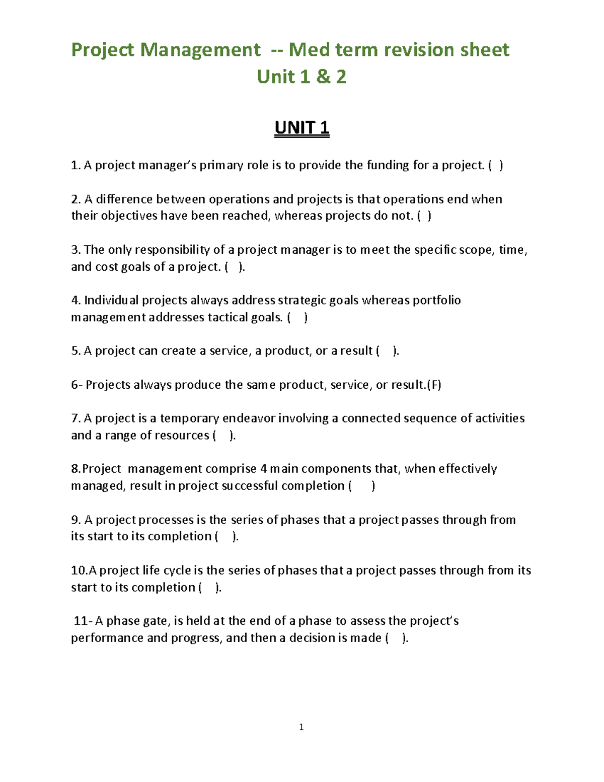 PM Revision Sheet -MED TERM #1&2 - Unit 1 & 2 UNIT 1 1. A project ...