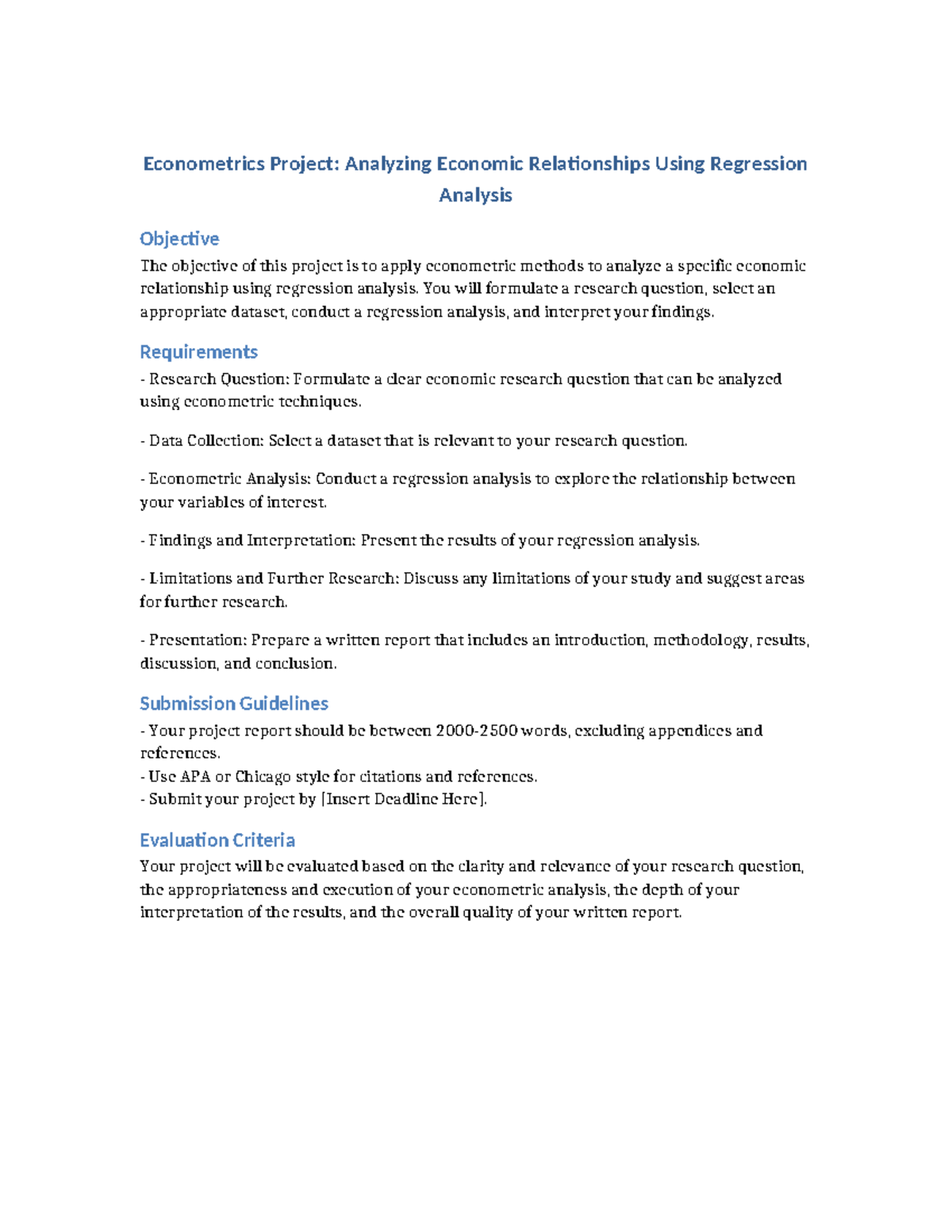 Econometrics Project Analyzing Economic Relationships - You will ...