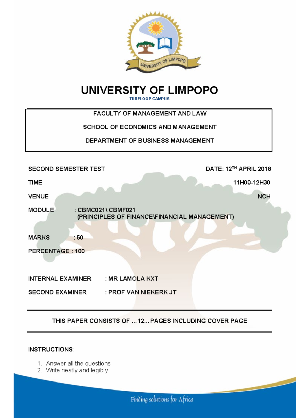 Test 2 Questions 12 April 2018 - UNIVERSITY OF LIMPOPO TURFLOOP CAMPUS ...