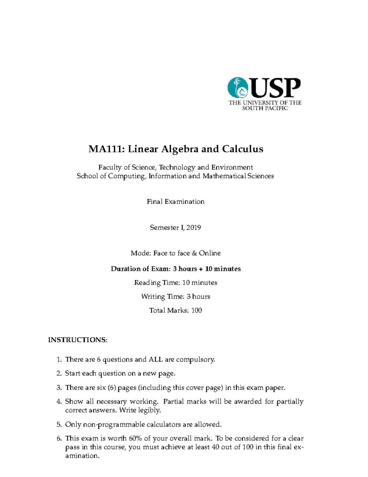 MA111 Exam S1 2019 Question Paper - MA111: Linear Algebra and Calculus ...