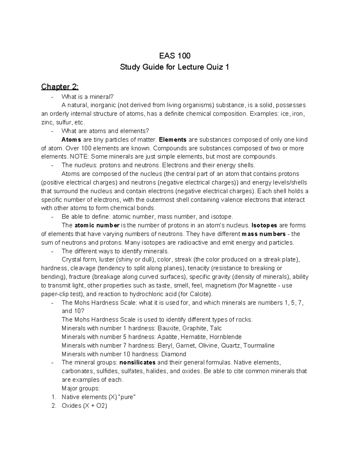 EAS 100 Lecture Quiz 1 Study Guide - EAS 100 Study Guide for Lecture Quiz 1 Chapter 2: - What is ...