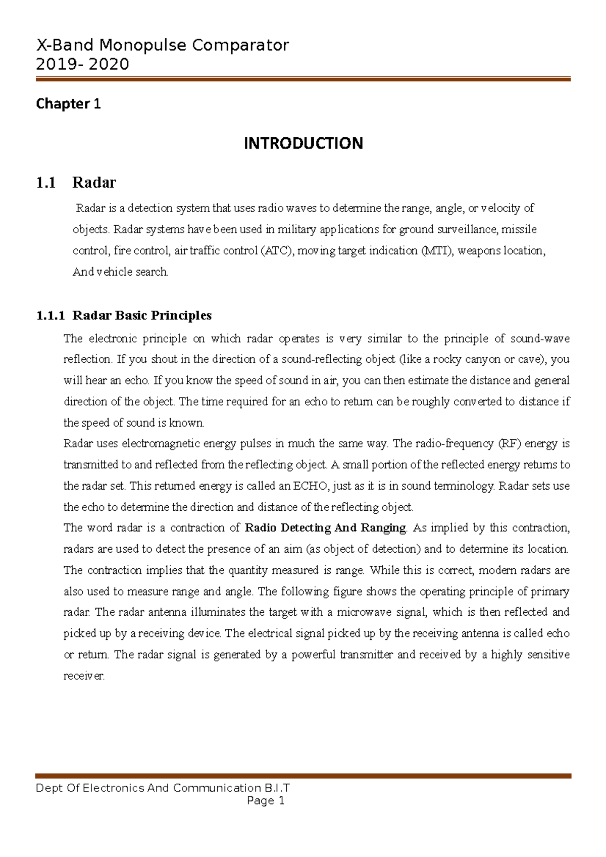 Project chapter 1 - Basics - 2019- 2020 Chapter 1 INTRODUCTION 1 Radar ...