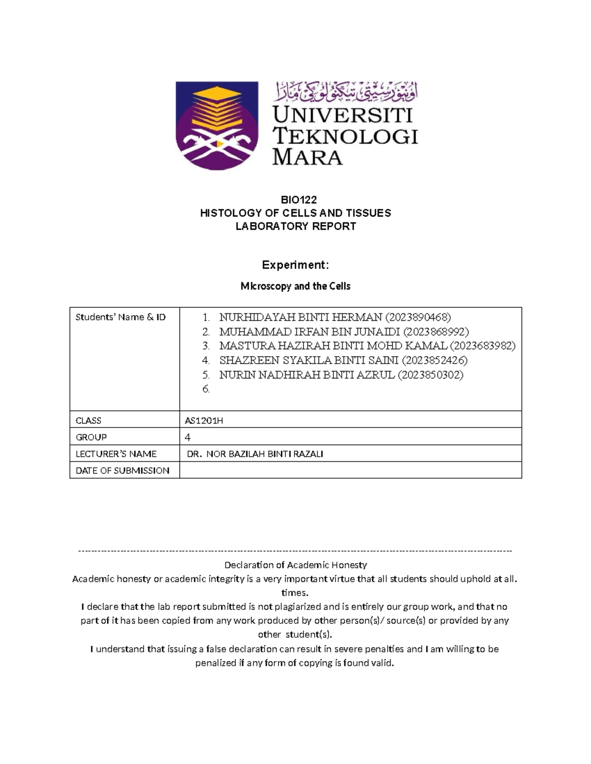 Bio lab rep - BIO HISTOLOGY OF CELLS AND TISSUES LABORATORY REPORT Experiment: Microscopy and ...