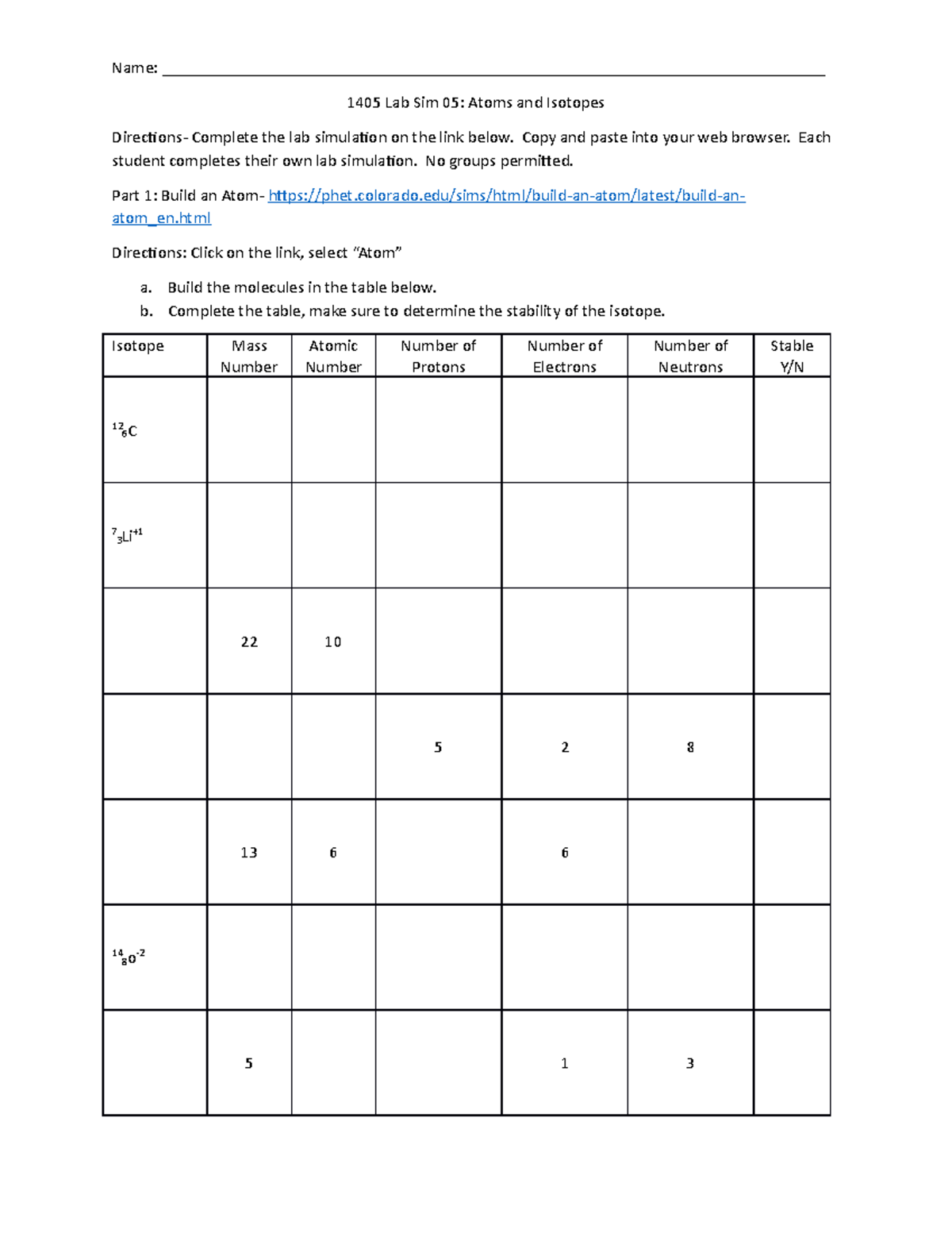LAB 5 Chapter 3 part 2 Atoms and Isotopes - Name: - Studocu