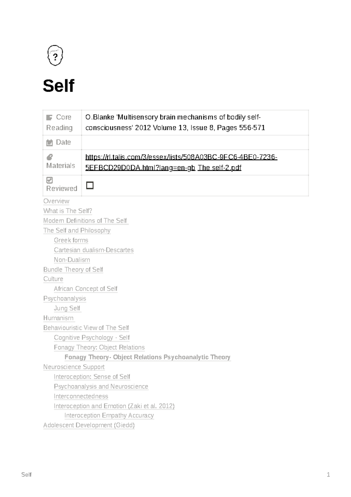 Self - Lecture notes - Self Core Reading O 'Multisensory brain ...