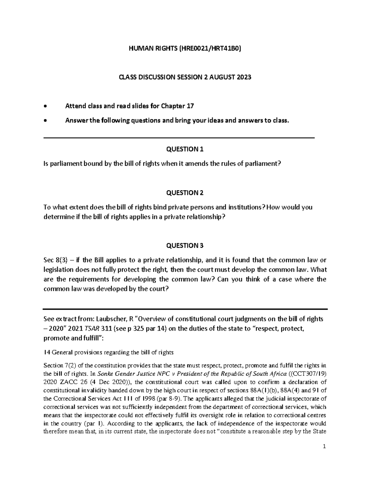 Chapter 17 class discussion - 1 HUMAN RIGHTS (HRE0021/HRT41B0) CLASS ...