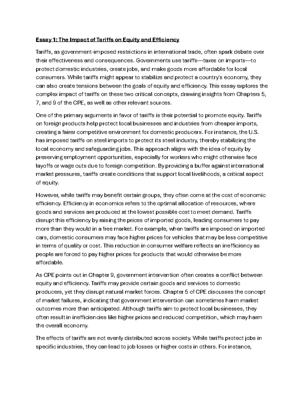 CPE essay - Essay 1: The Impact of TariƯs on Equity and EƯiciency ...