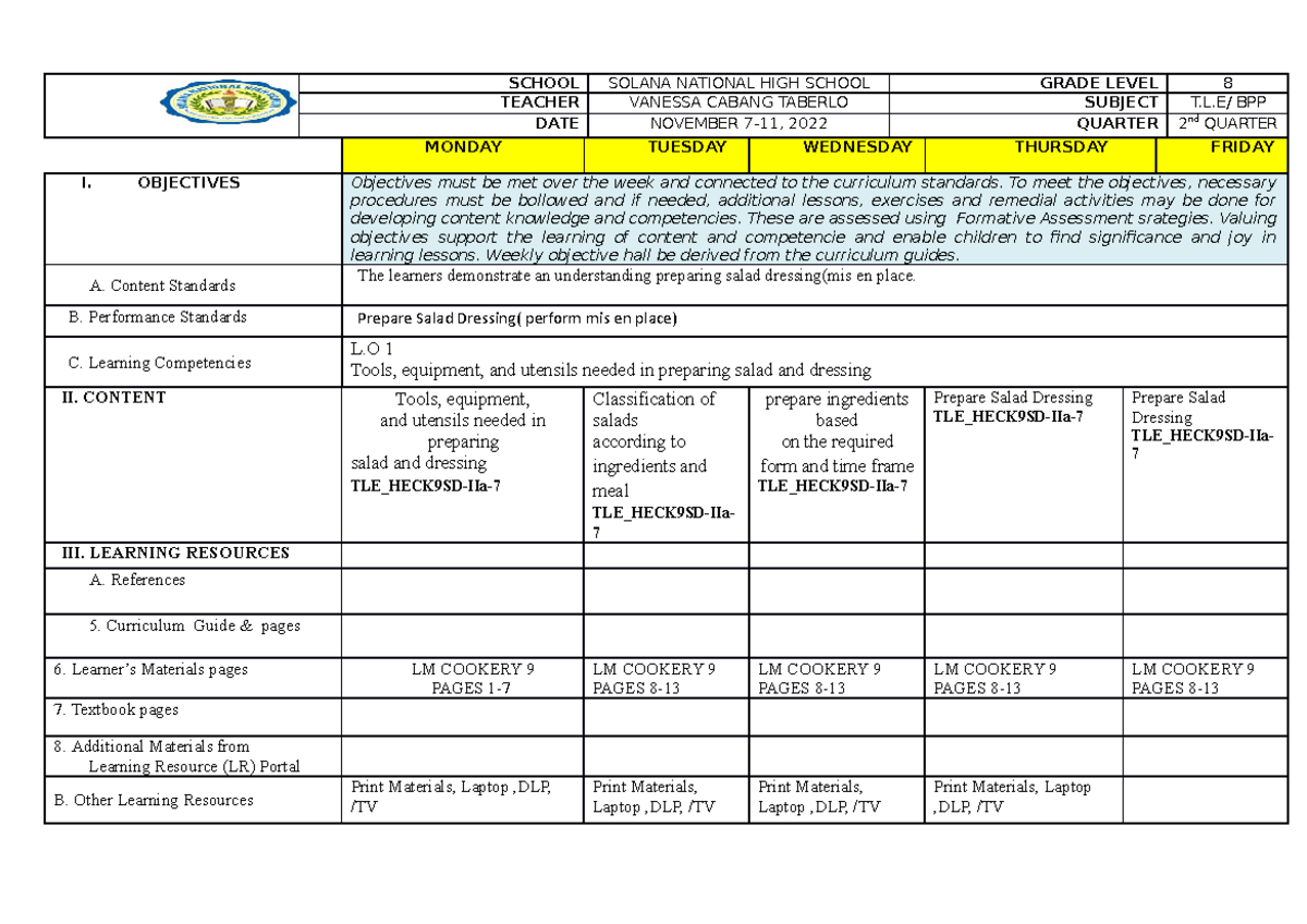 Cookery Module 4 DLL - daily lesson log - SCHOOL SOLANA NATIONAL HIGH ...