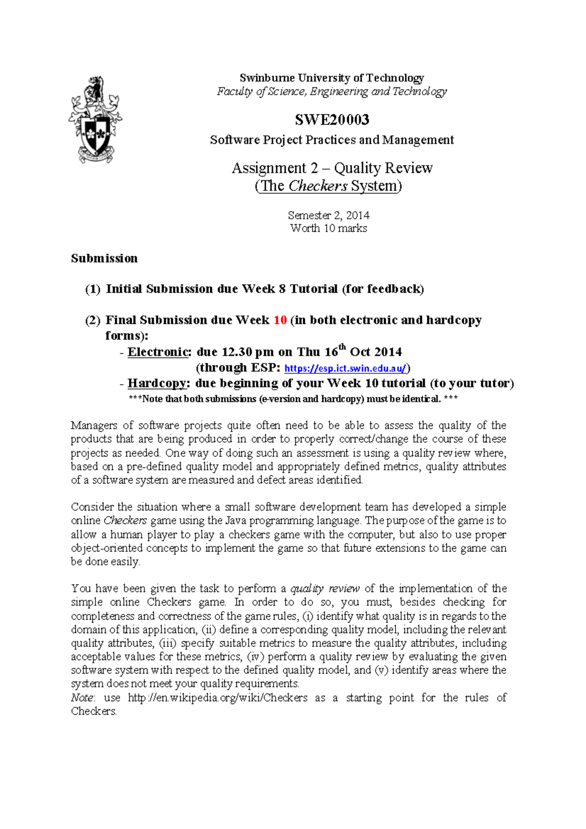 SWE2000 3 2014 S2 A2 Quality Review - Swinburne University of ...