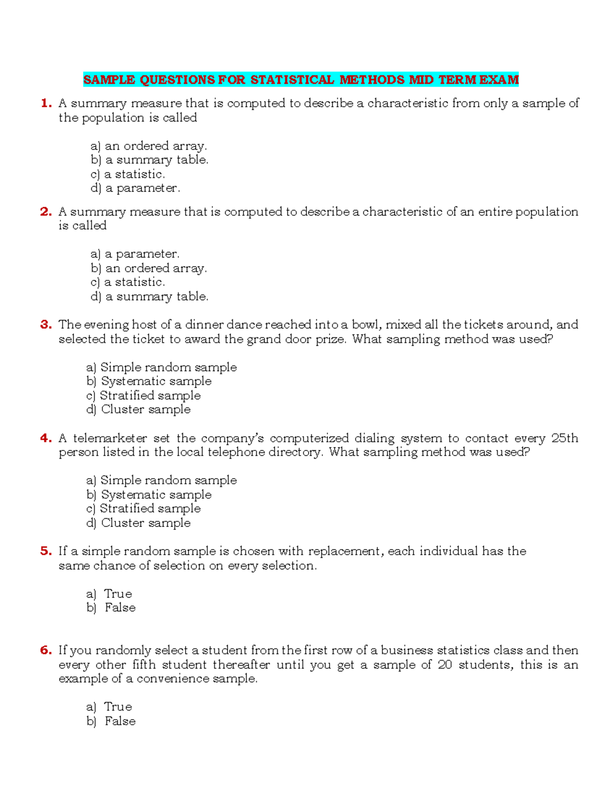 Sample Questions - course of the college that is very usefuk - SAMPLE ...