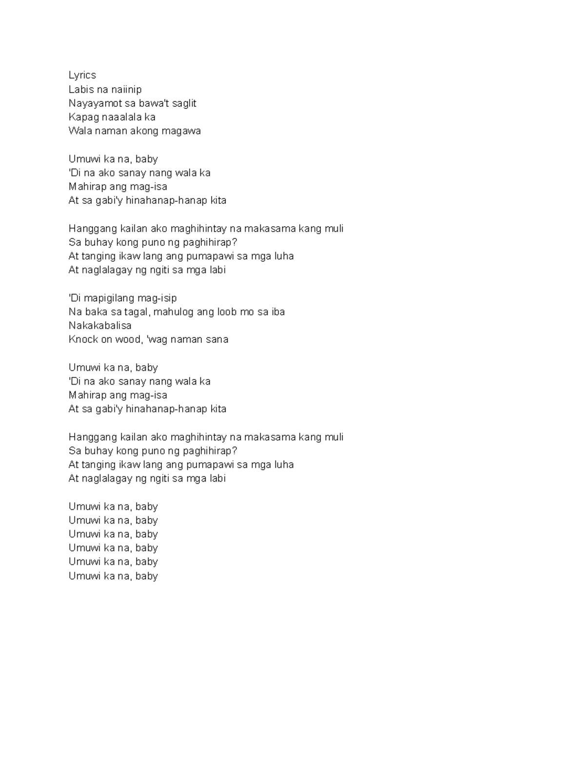 Untitled document (10) - Lyrics Labis na naiinip Nayayamot sa bawa't ...