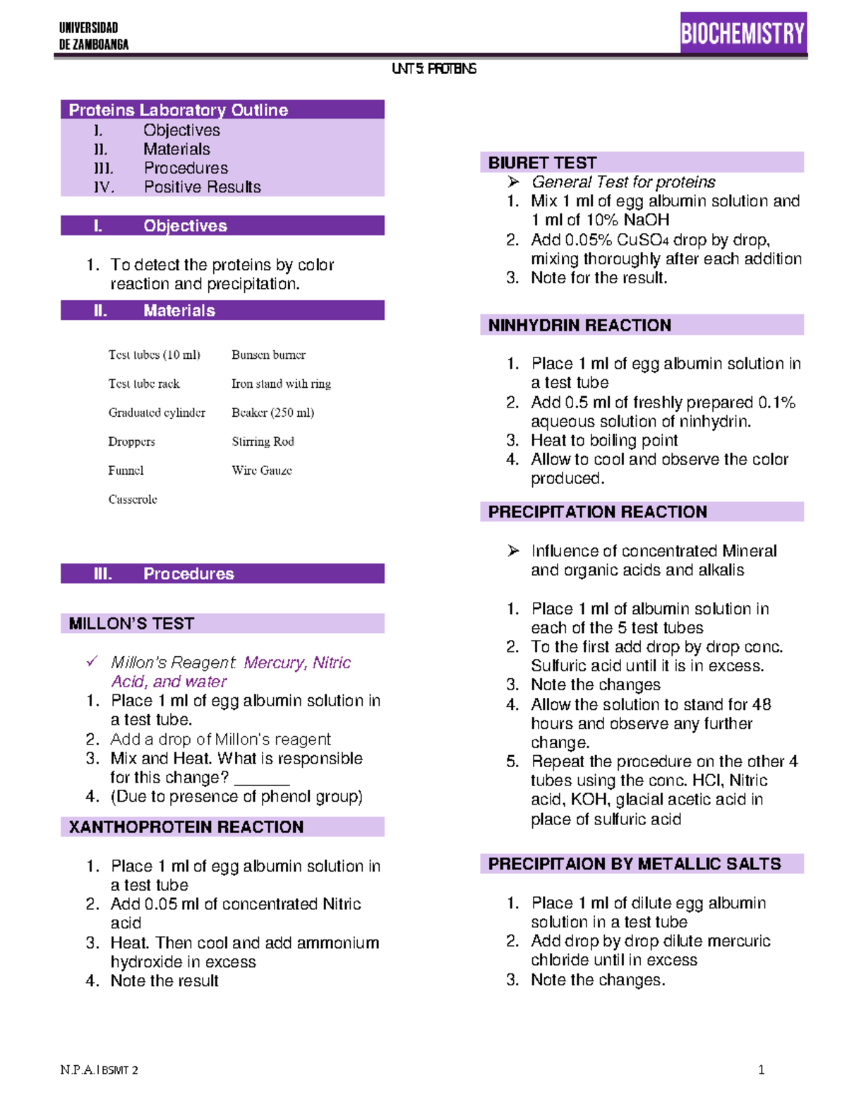 Biochemistry Proteins - N.P.|BSMT 2 1 Proteins Laboratory Outline I ...