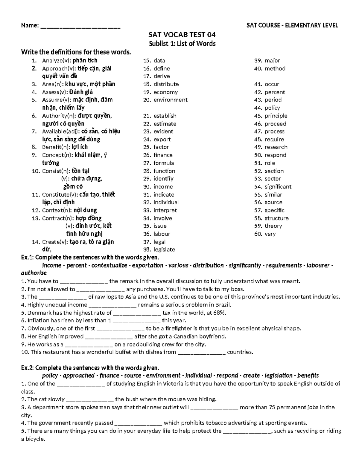 SAT Vocab TEST 04 - sublist 1 - Name: _________________________ SAT ...