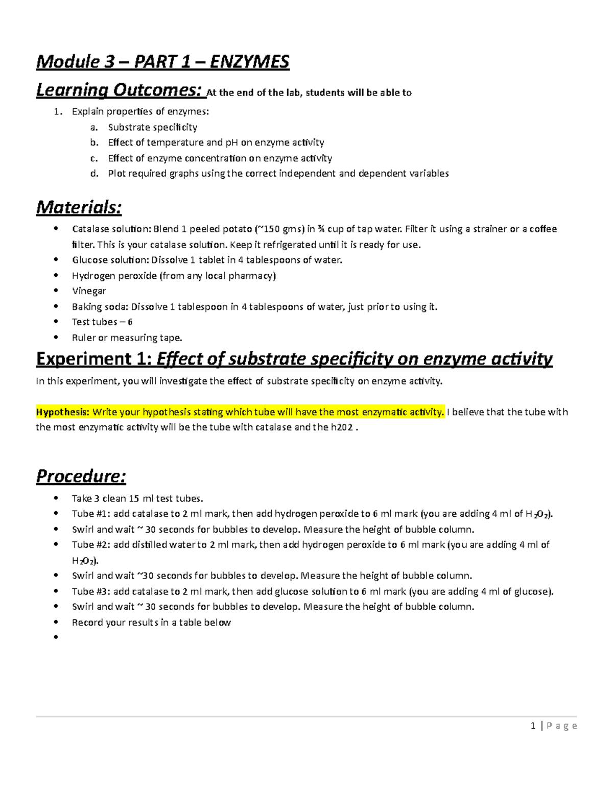 Lab 4 - Enzymes - Module 3 – PART 1 – ENZYMES Learning Outcomes: At the ...