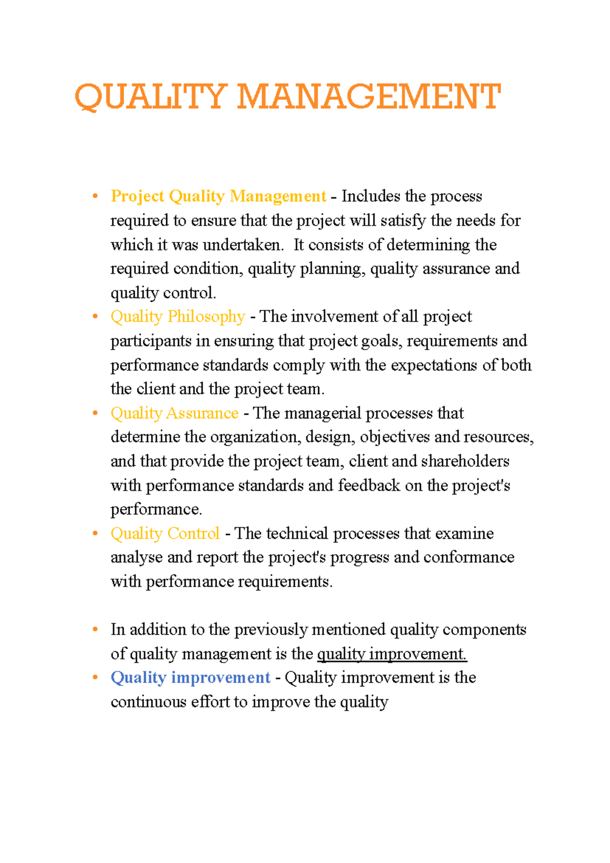 Quality management - Notes - QUALITY MANAGEMENT Project Quality ...