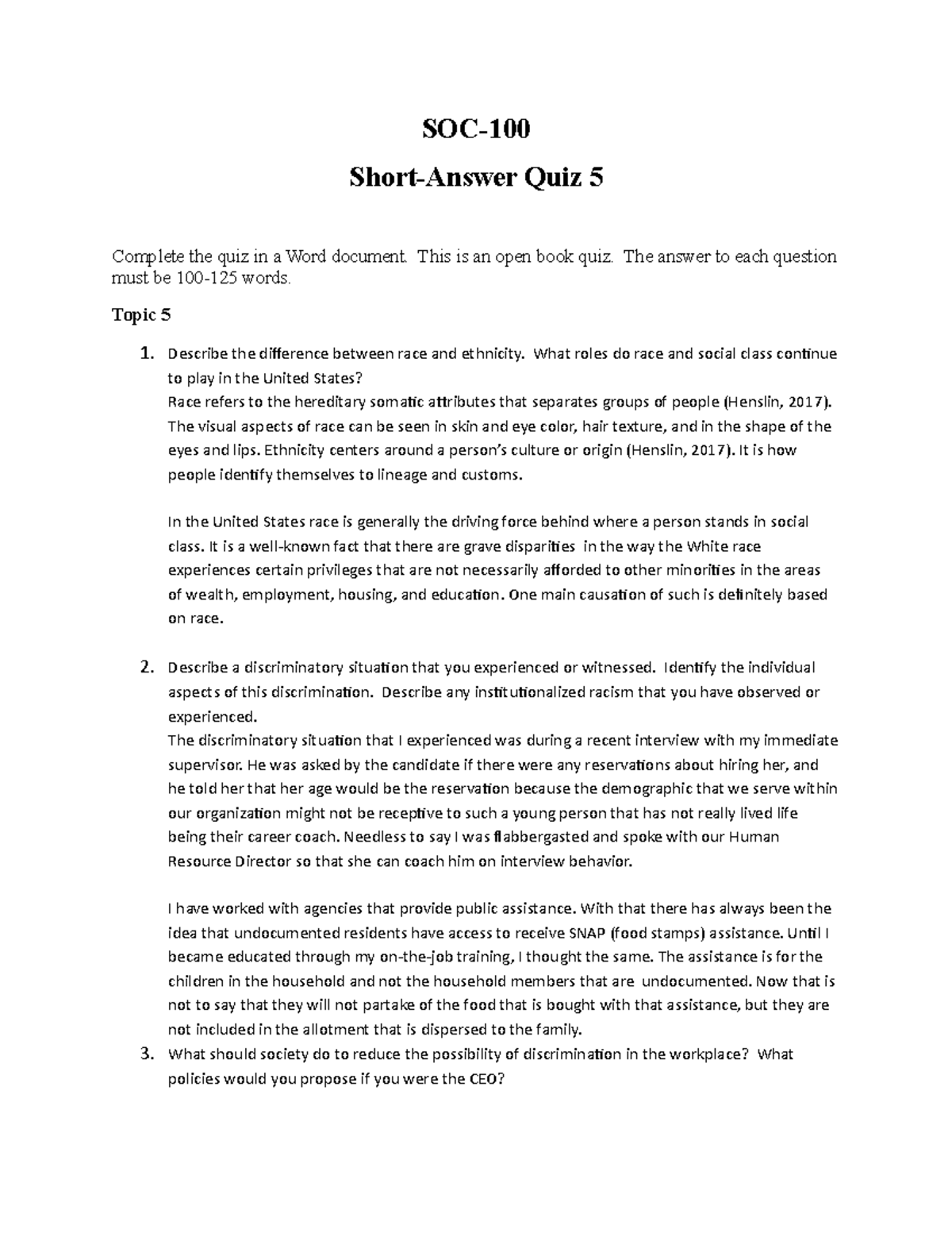 SOC-100 - Short Answer Quiz 5 - SOC-100 - GCU - Studocu