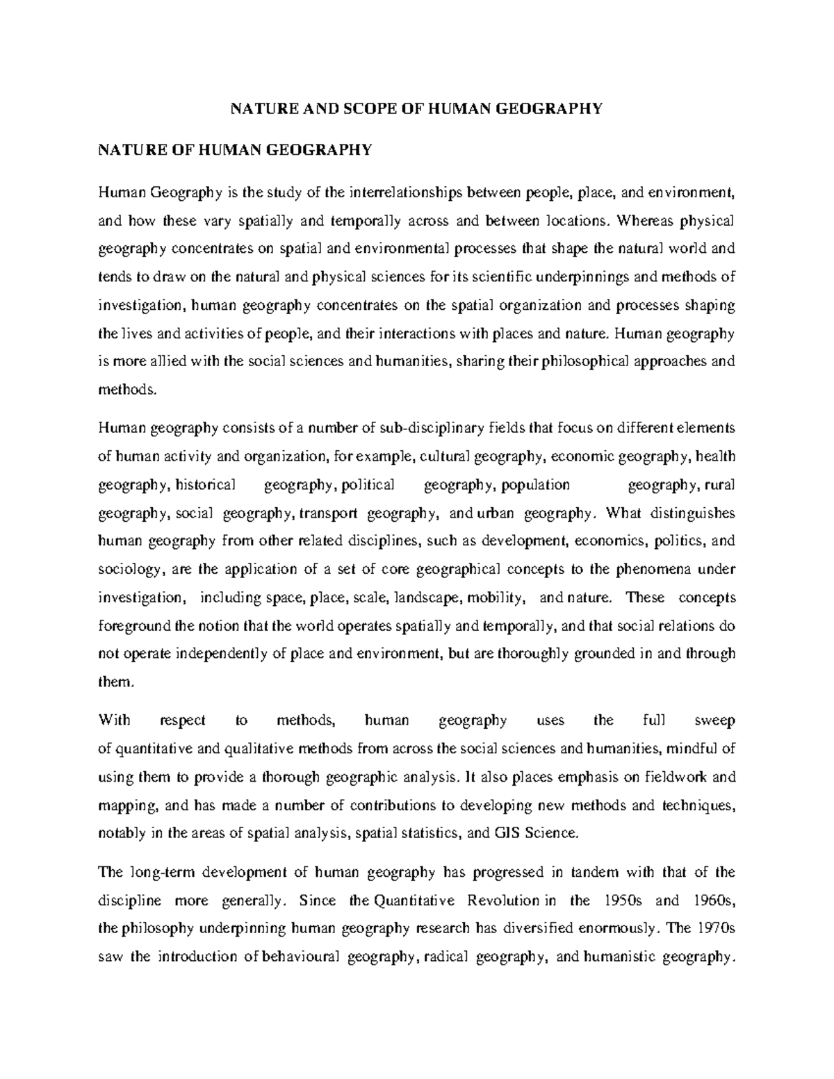 Nature And Scope Of Human Geography NATURE AND SCOPE OF HUMAN