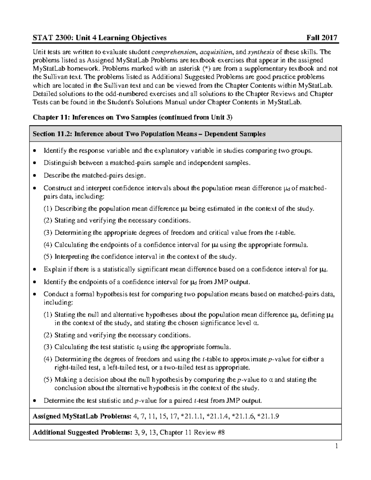 Unit 4 Learning Objectives - STAT 2300: Unit 4 Learning Objectives Fall ...