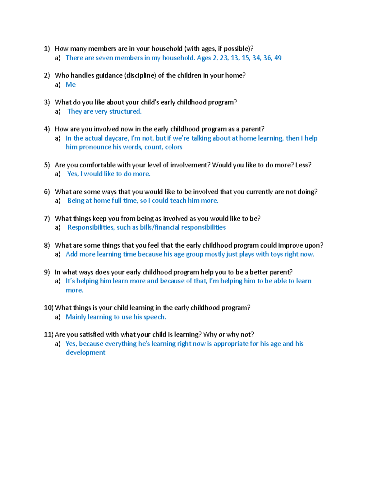 Family Interview Questionnaire - How many members are in your household ...