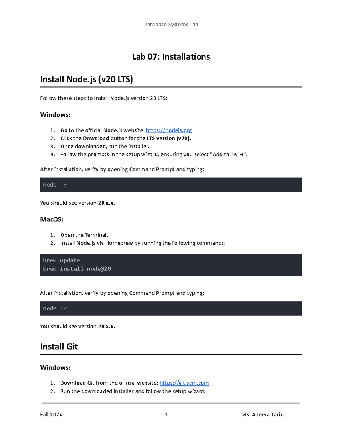 Lab 07 Installations - Lab 07 - Database Systems Lab Lab 07: Installations Install Node (v20 LTS ...