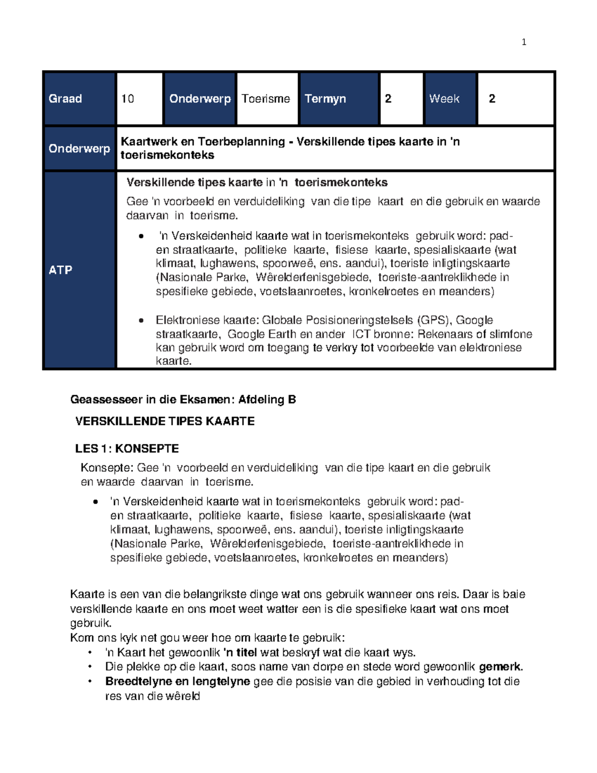Soorte Kaarte Notas EN Aktiwiteite - Graad 10 Onderwerp Toerisme Termyn ...