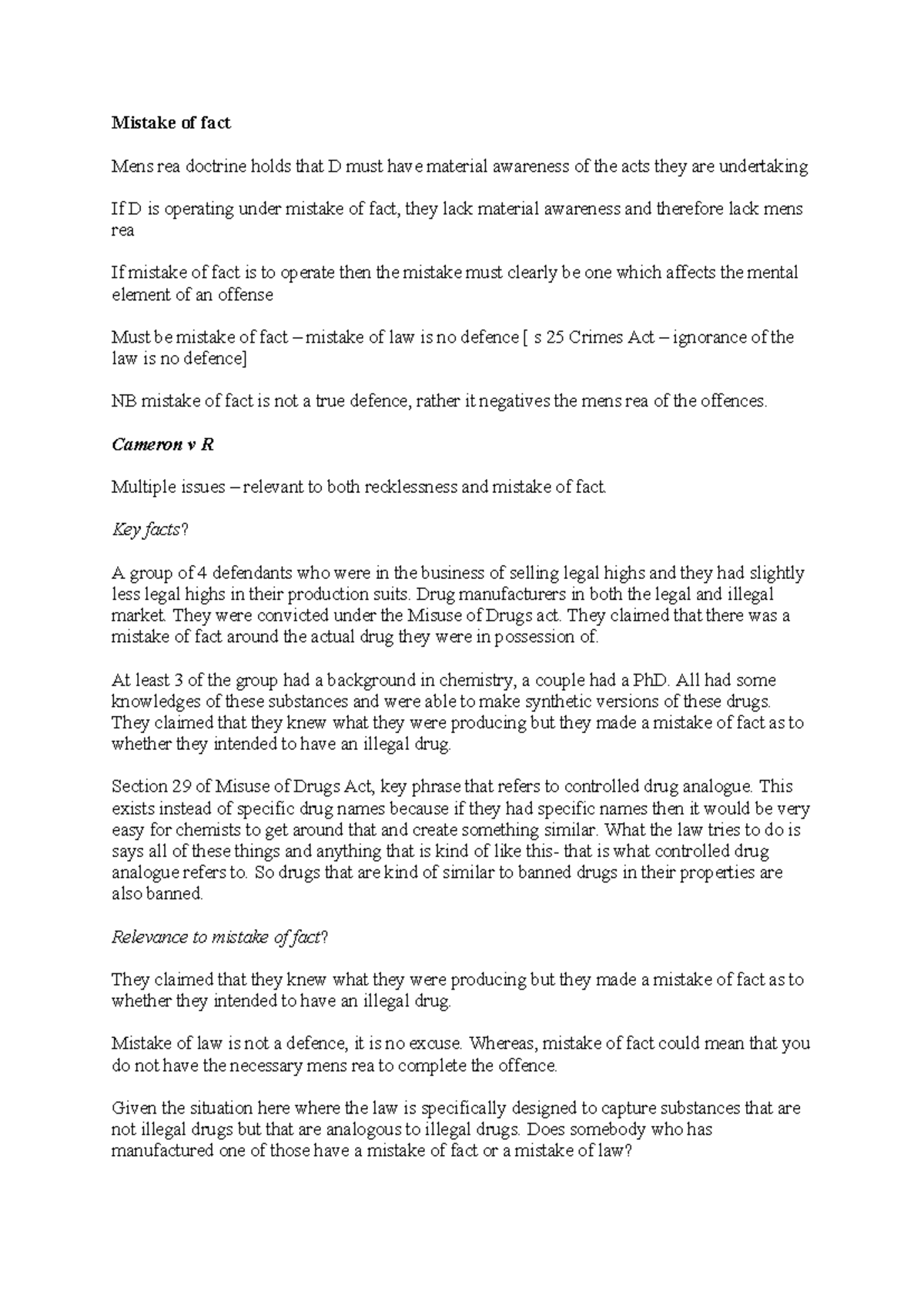 4. Mistake of fact - Mistake of fact Mens rea doctrine holds that D ...