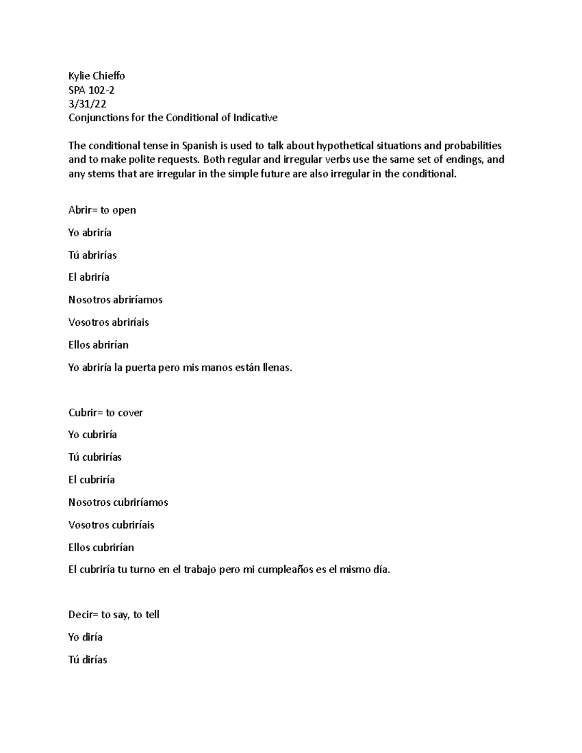 Indicative Conditional Verb Tense - Kylie Chieffo SPA 102- 3/31 ...