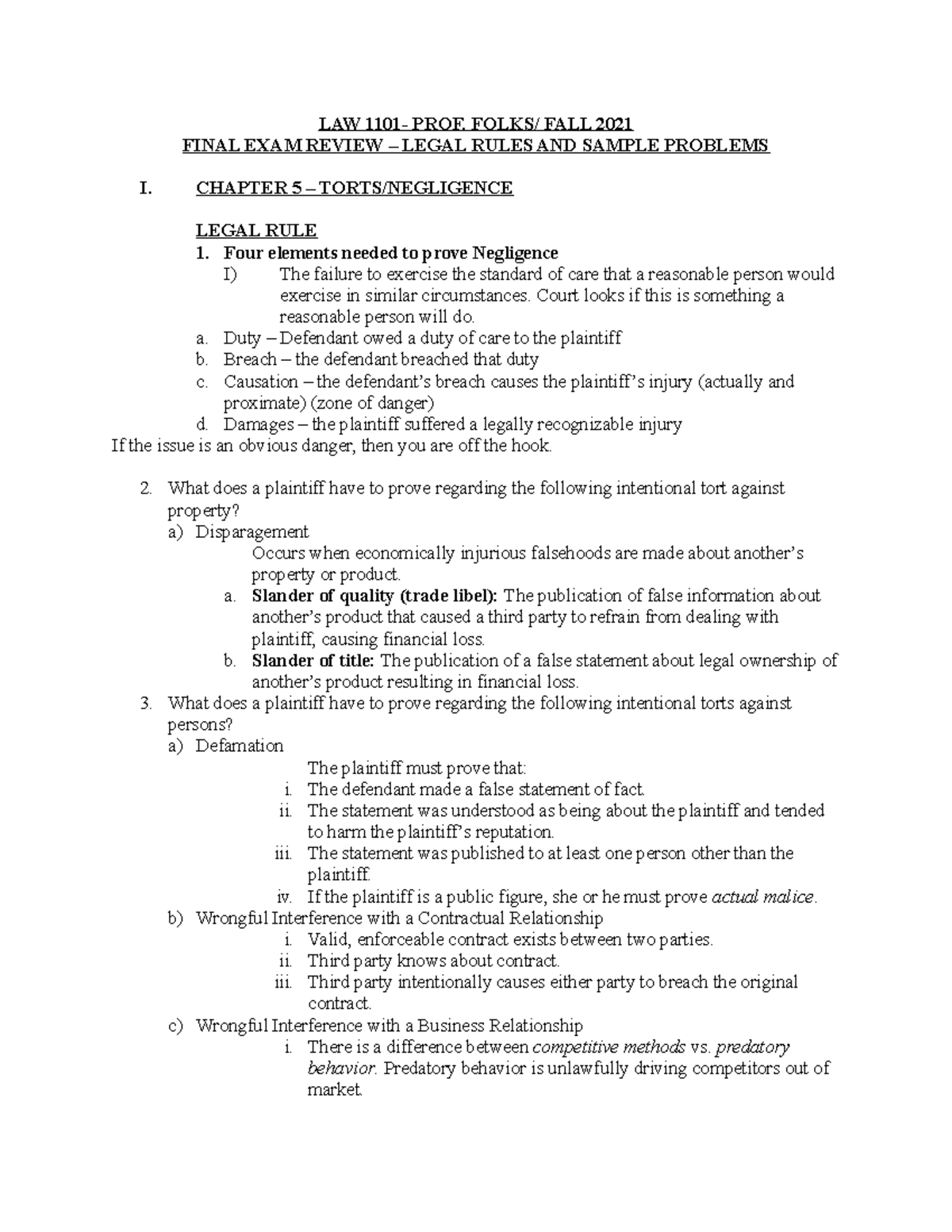 FALL 2021 - Final EXAM Review Packet - LAW 1101 - LAW 1101- PROF. FOLKS ...