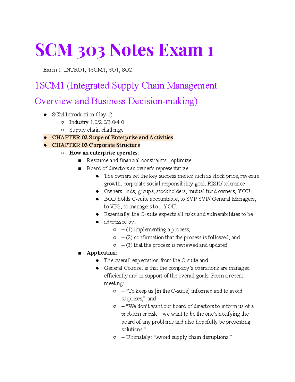 SCM 303 Notes Exam 1 - SCM 303 Notes Exam 1 Exam 1: INTRO1, 1SCM1, SO1 ...