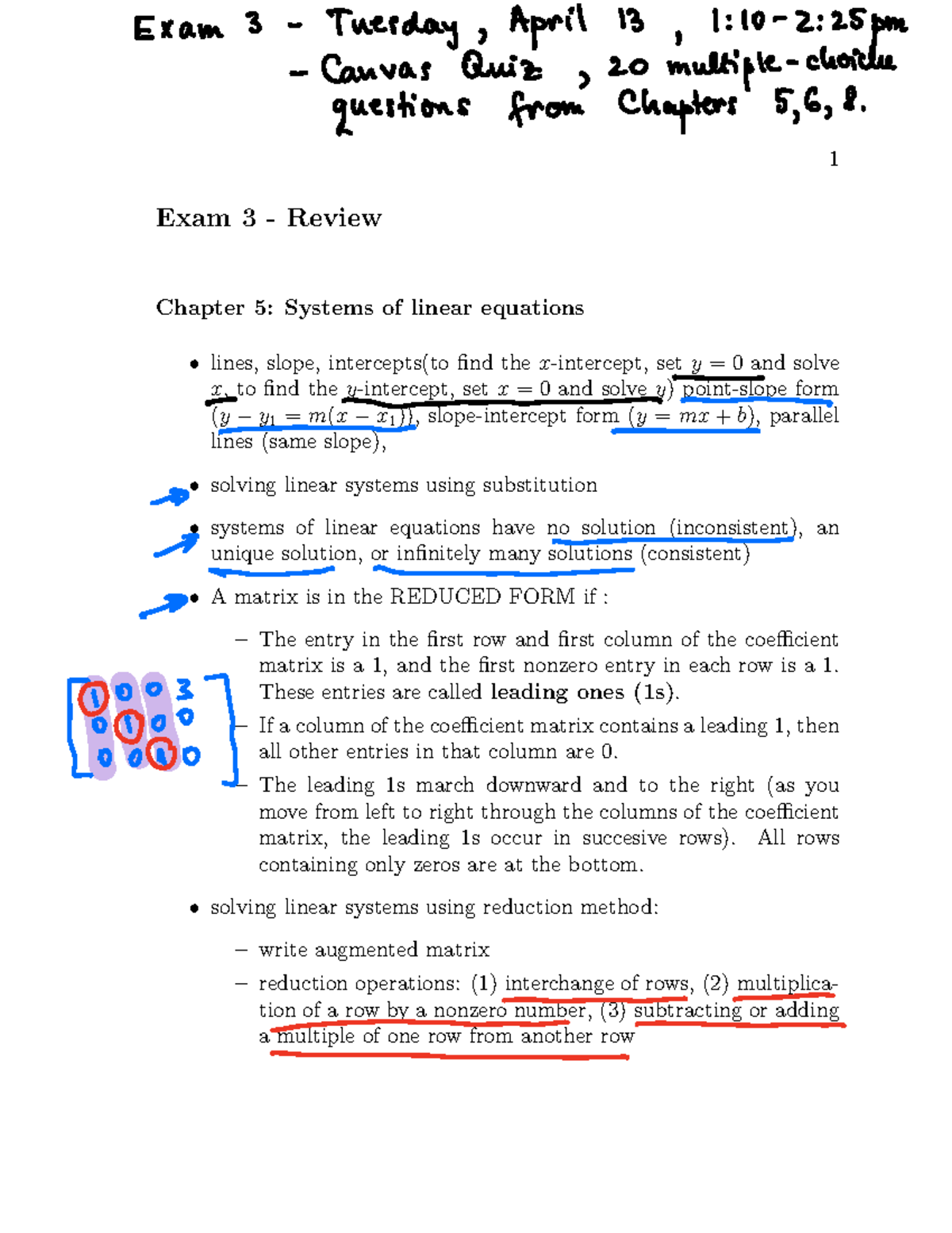 Exam 3-Review-filled in - 1 Exam 3 - Review Chapter 5: Systems of ...