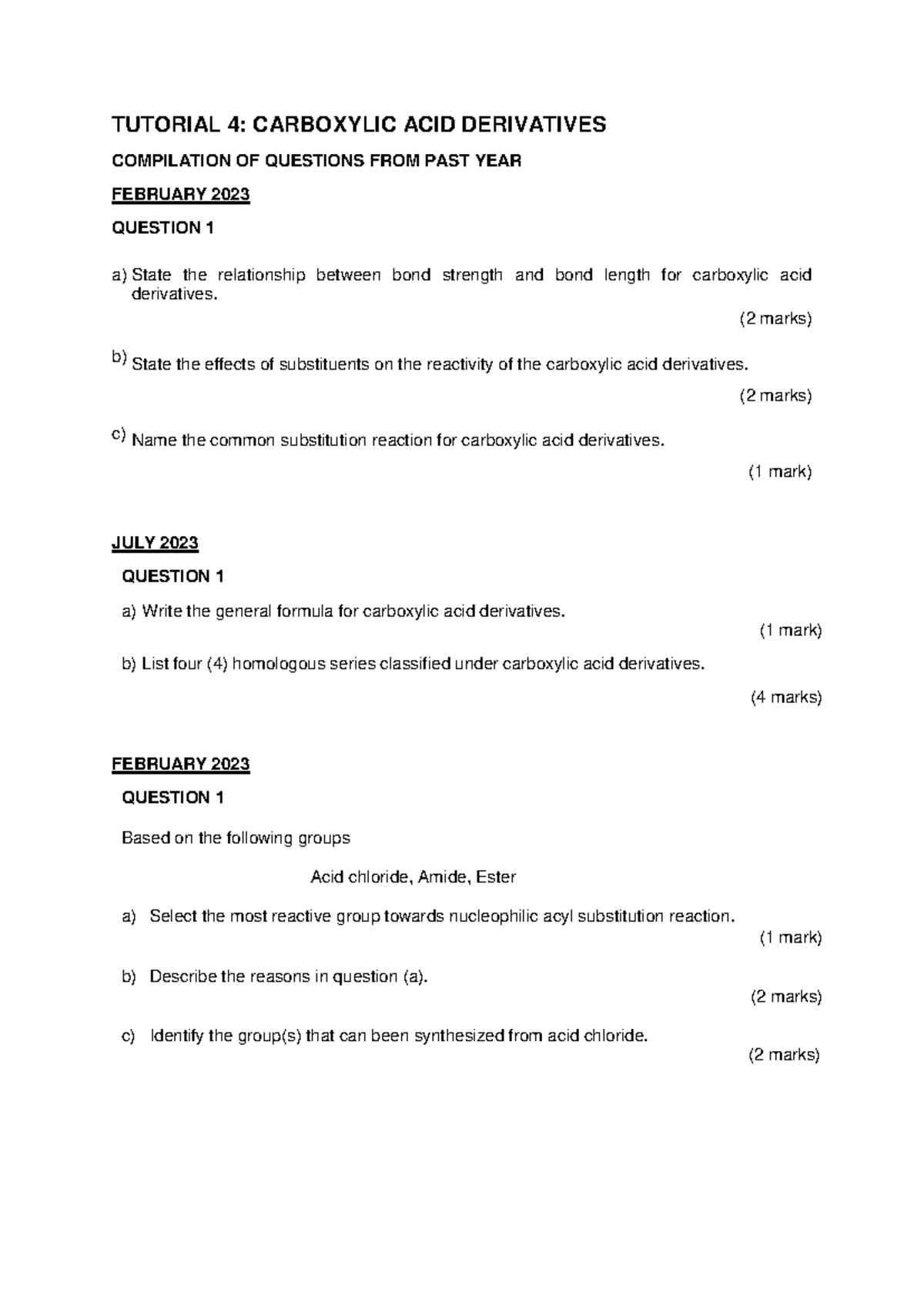 Tutorial 4 carboxylic acid derivatives - TUTORIAL 4: CARBOXYLIC ACID ...
