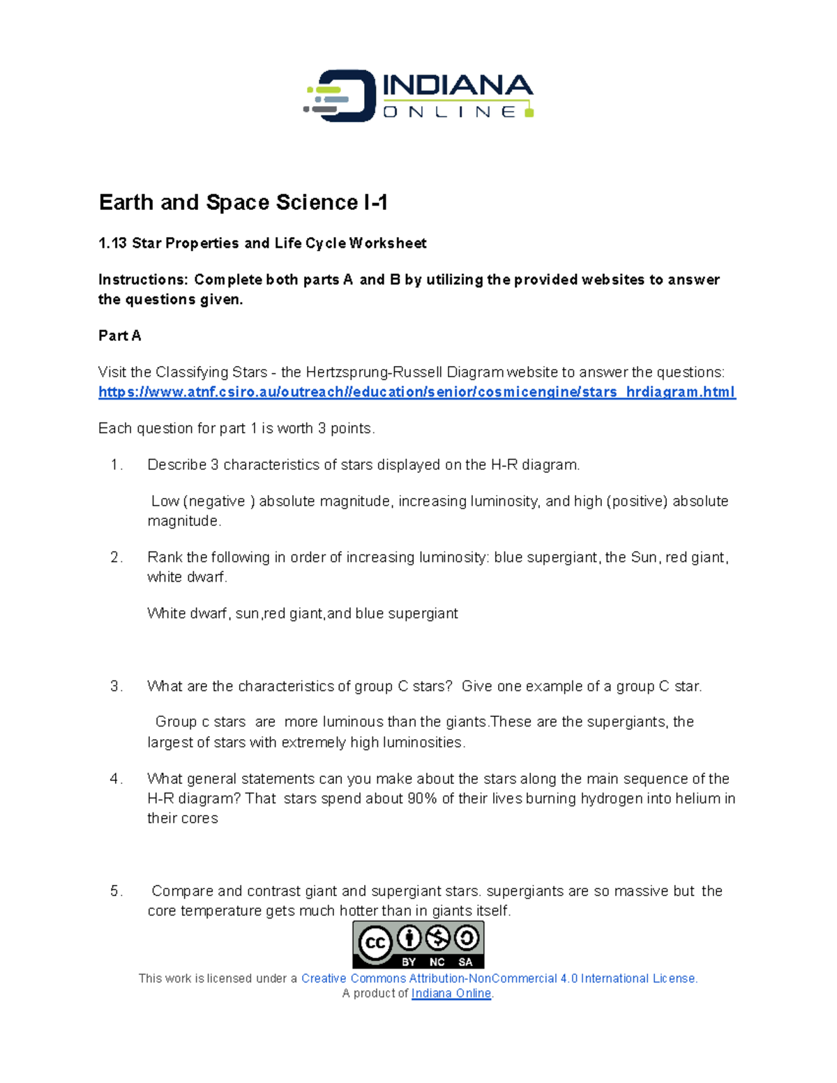 Copy of Star Properties and Life Cycle Worksheet - Earth and Space ...