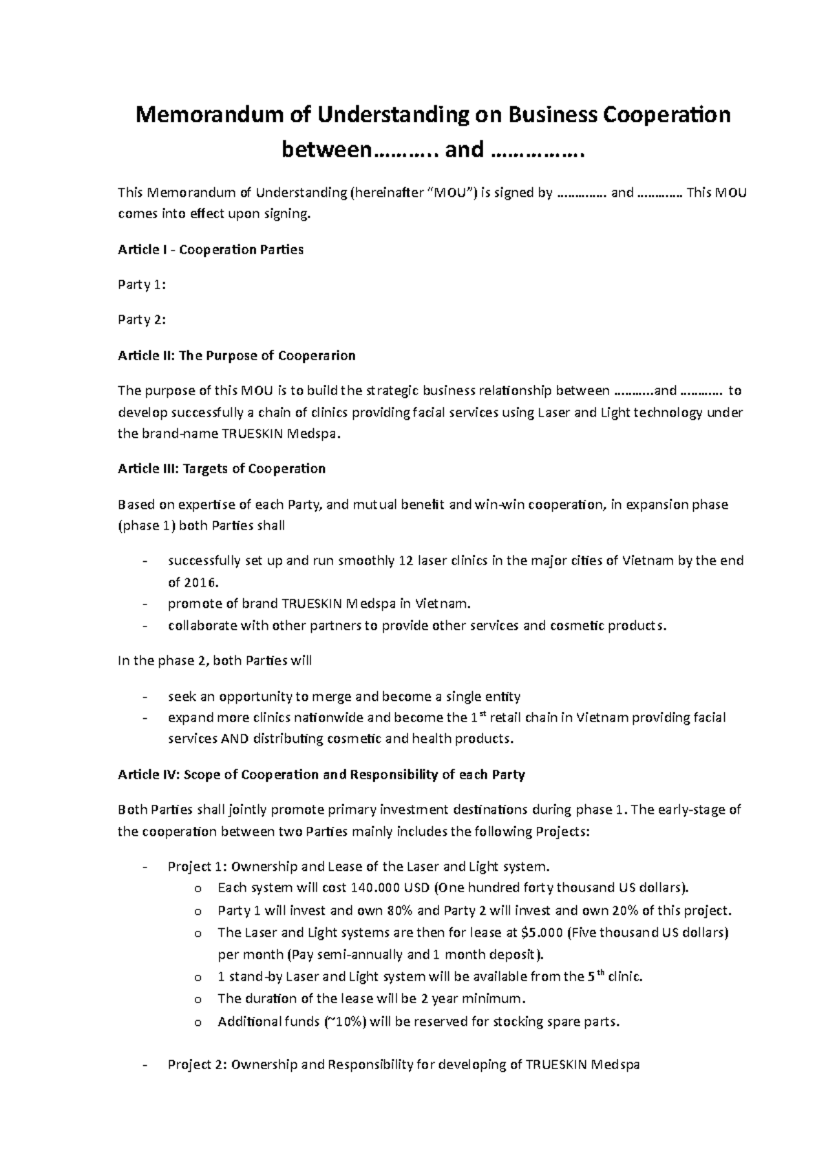 Memorandum of Understanding on Business Cooperation between ...