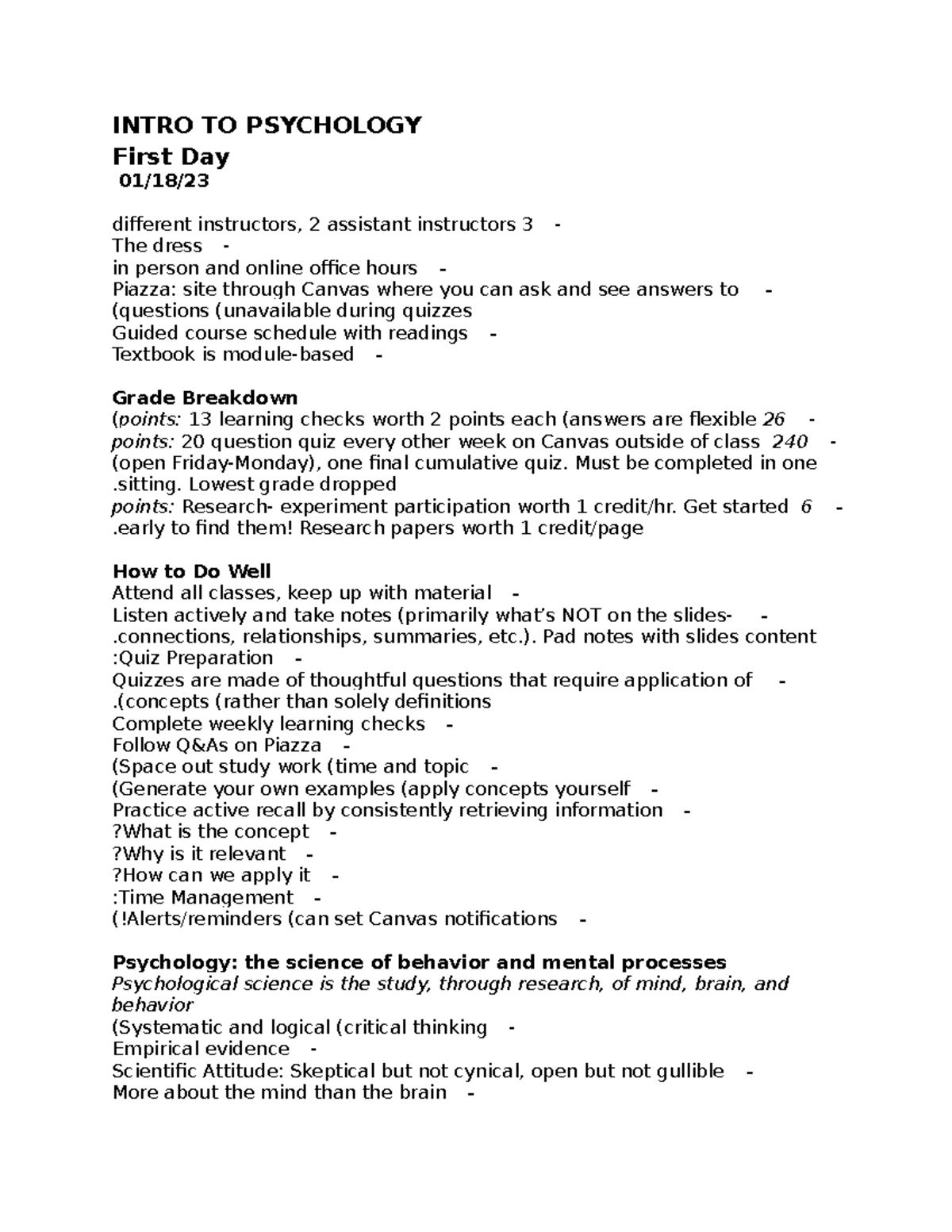 Psychology 01/18 - INTRO TO PSYCHOLOGY First Day 01/18/ different ...