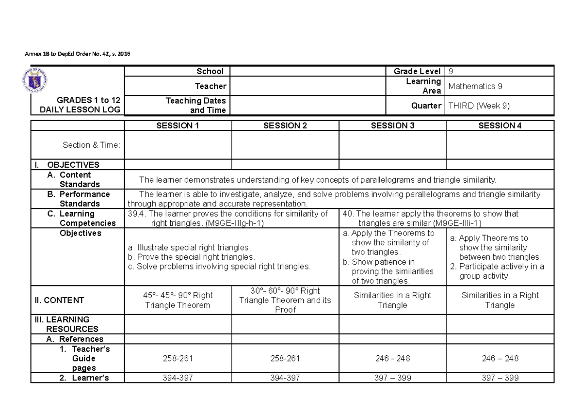 DLL-9th-week 52-59 - Lesson Log for Grade 9 Mathematics Quarter 3. It ...