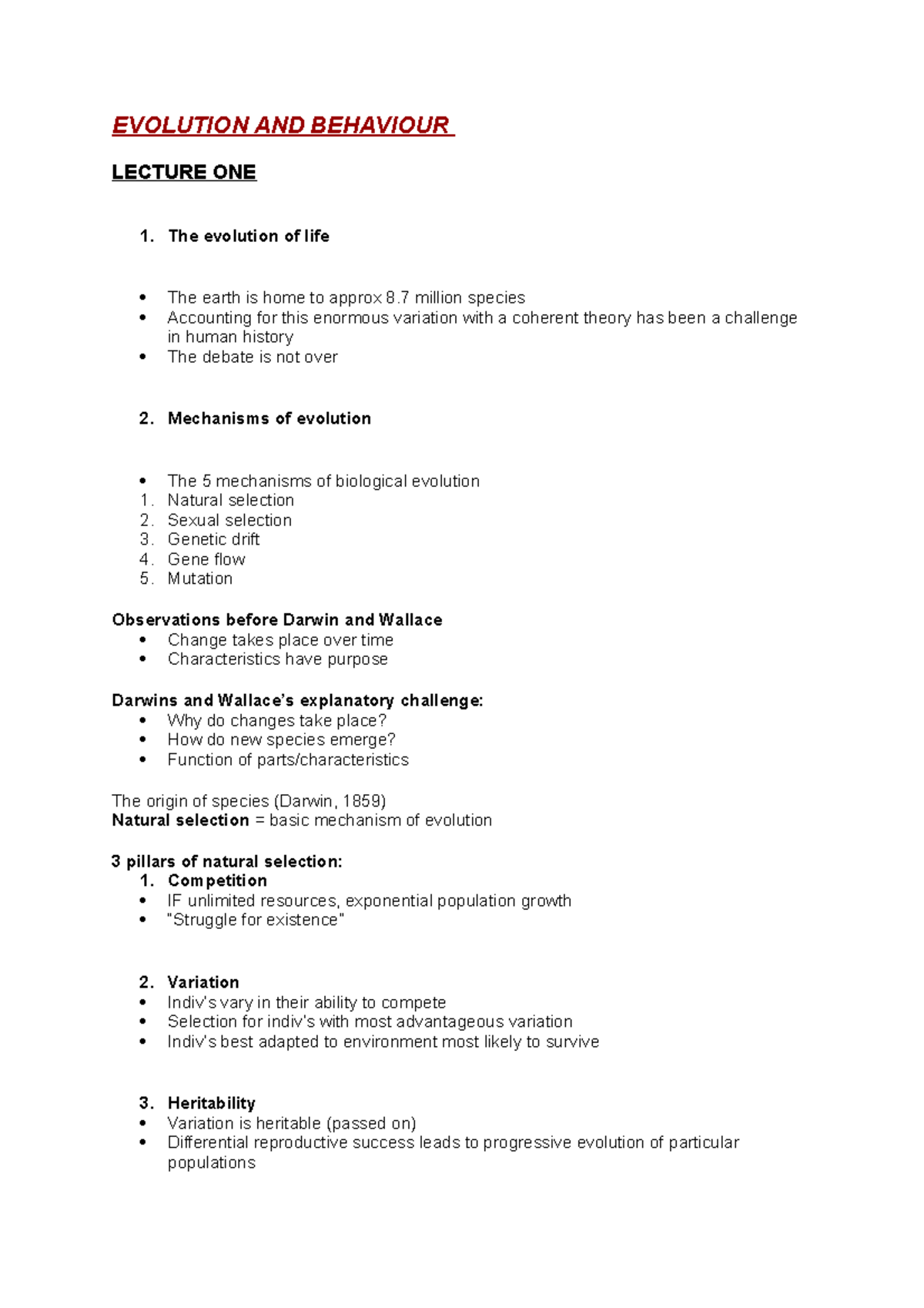 Evolution and behaviour lecture notes - EVOLUTION AND BEHAVIOUR LECTURE ...