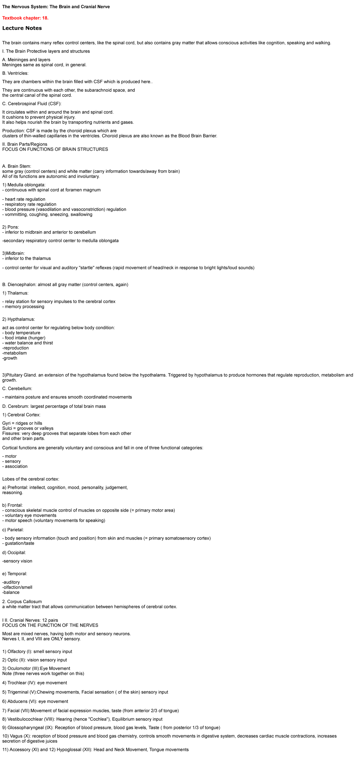 Lecture Notes Brainand Cranial Nerves - The Nervous System: The Brain ...