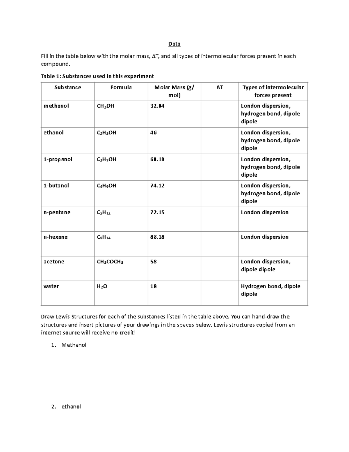 Worksheet 8 bio - Data Fill in the table below with the molar mass, ΔT ...