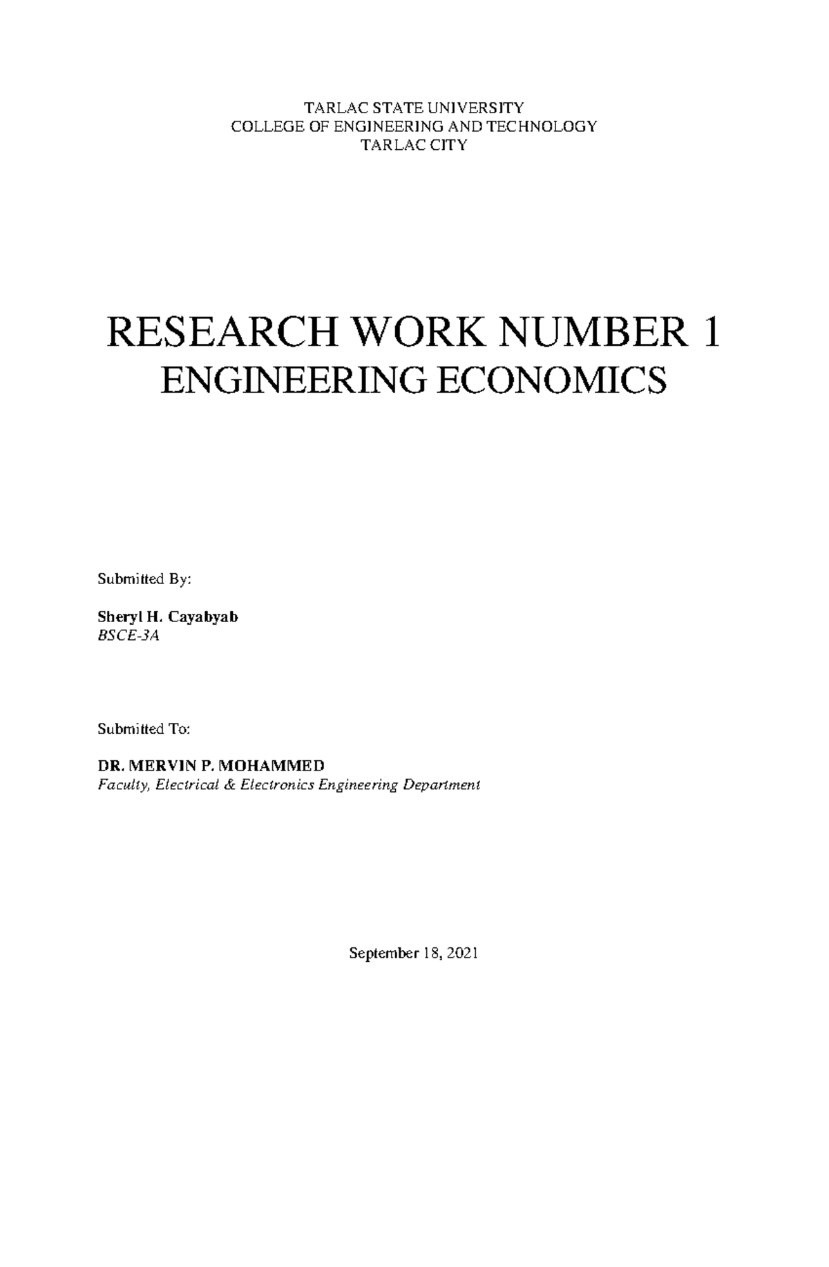 RW 1 - Research work 1 on Engineering Economy - ####### TARLAC STATE ...