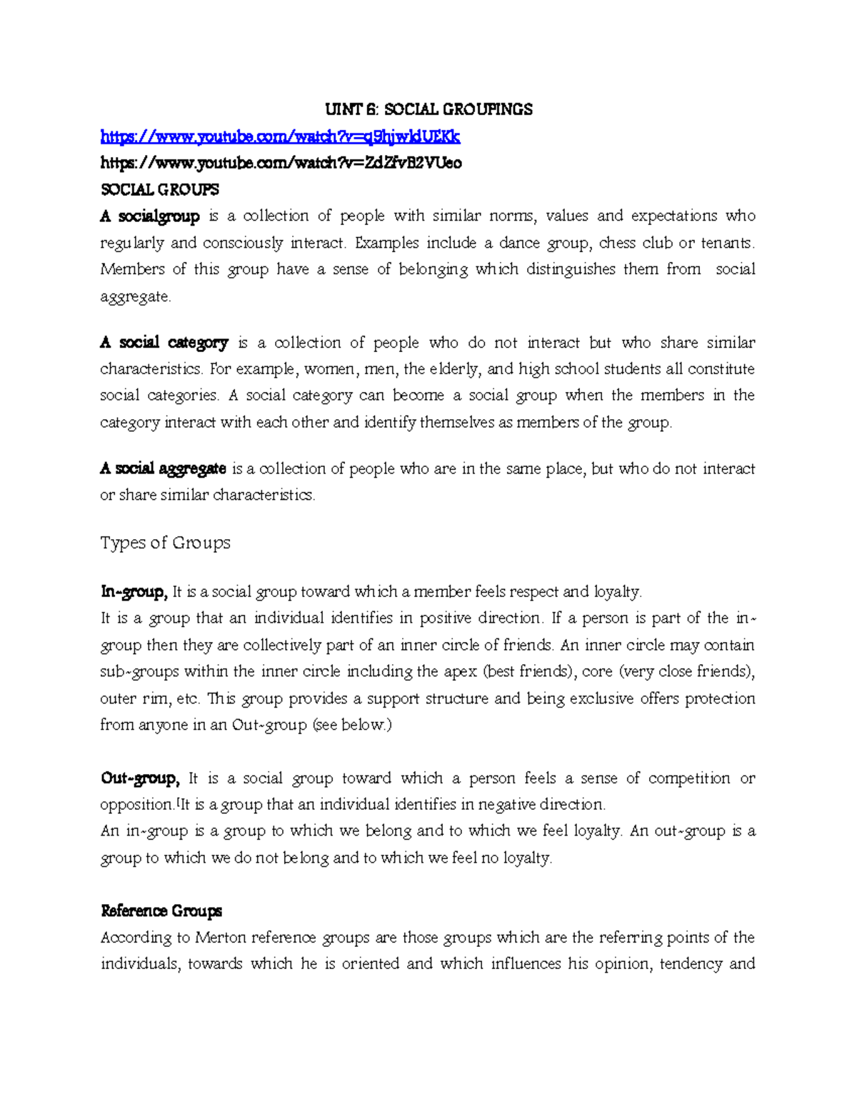 UINT 6 Social Groups - lecture notes for sociology - UINT 6: SOCIAL ...