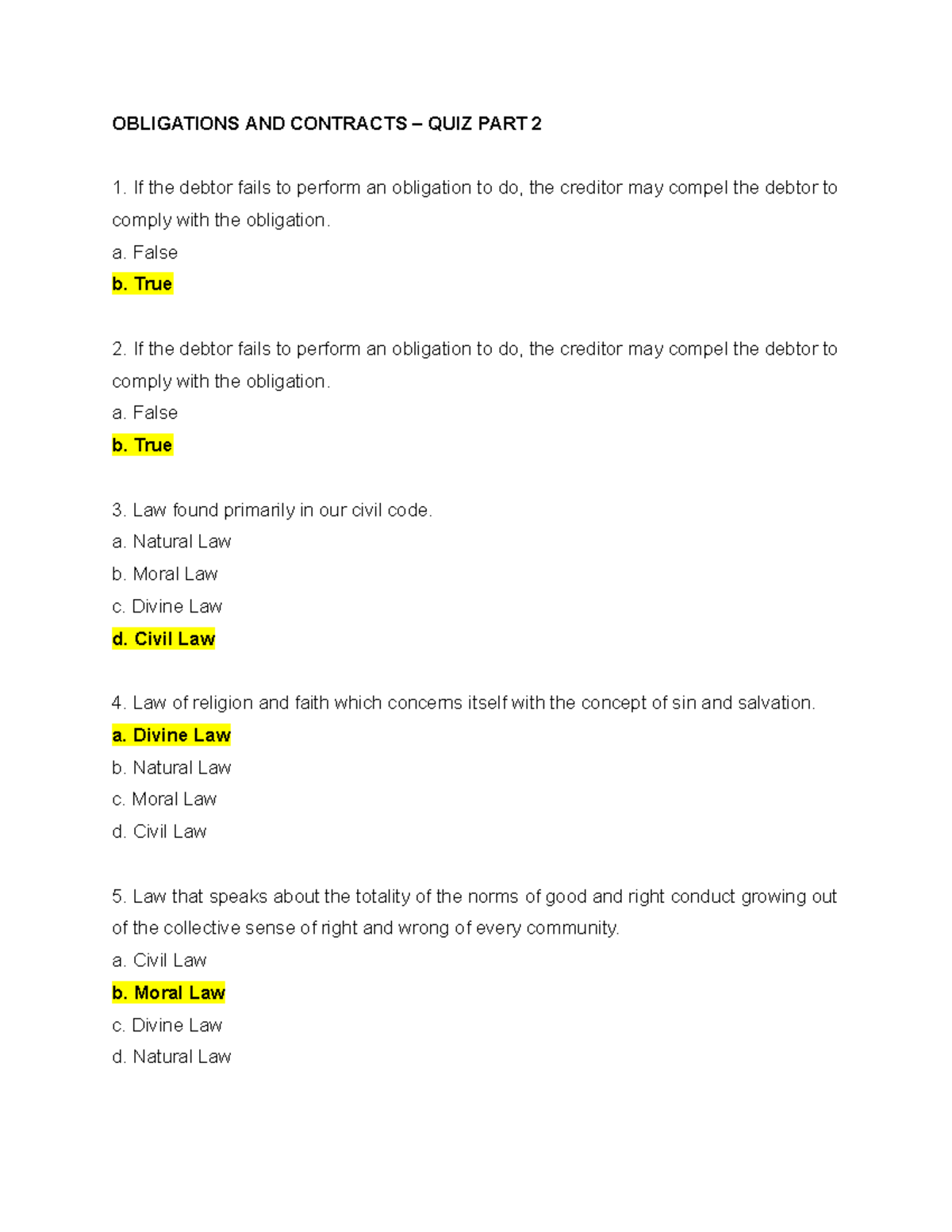 Obligations AND Contracts – QUIZ PART 2 - OBLIGATIONS AND CONTRACTS – QUIZ PART 2 If the debtor ...