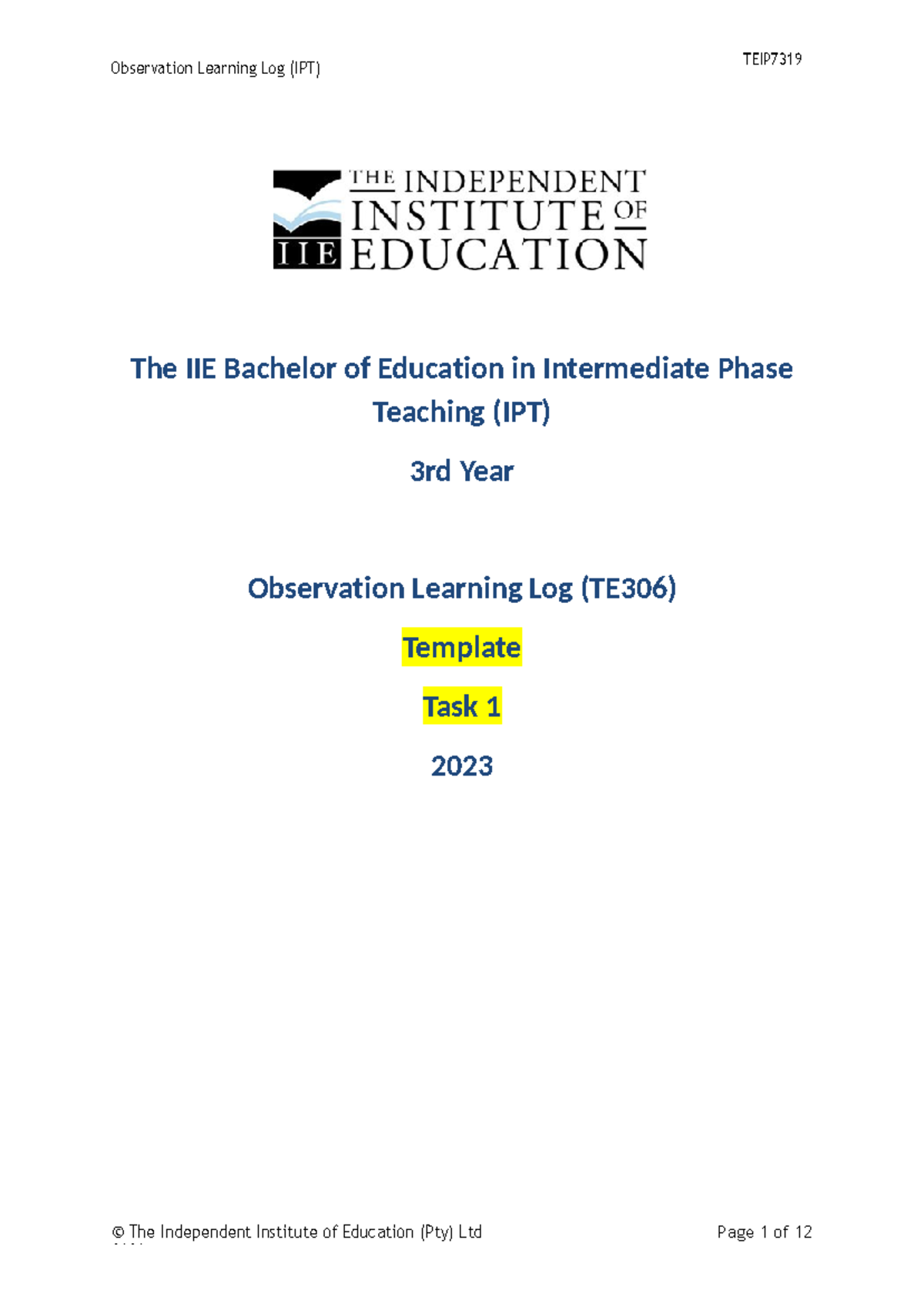 Observation Learning Log Task 1 - The IIE Bachelor of Education in ...