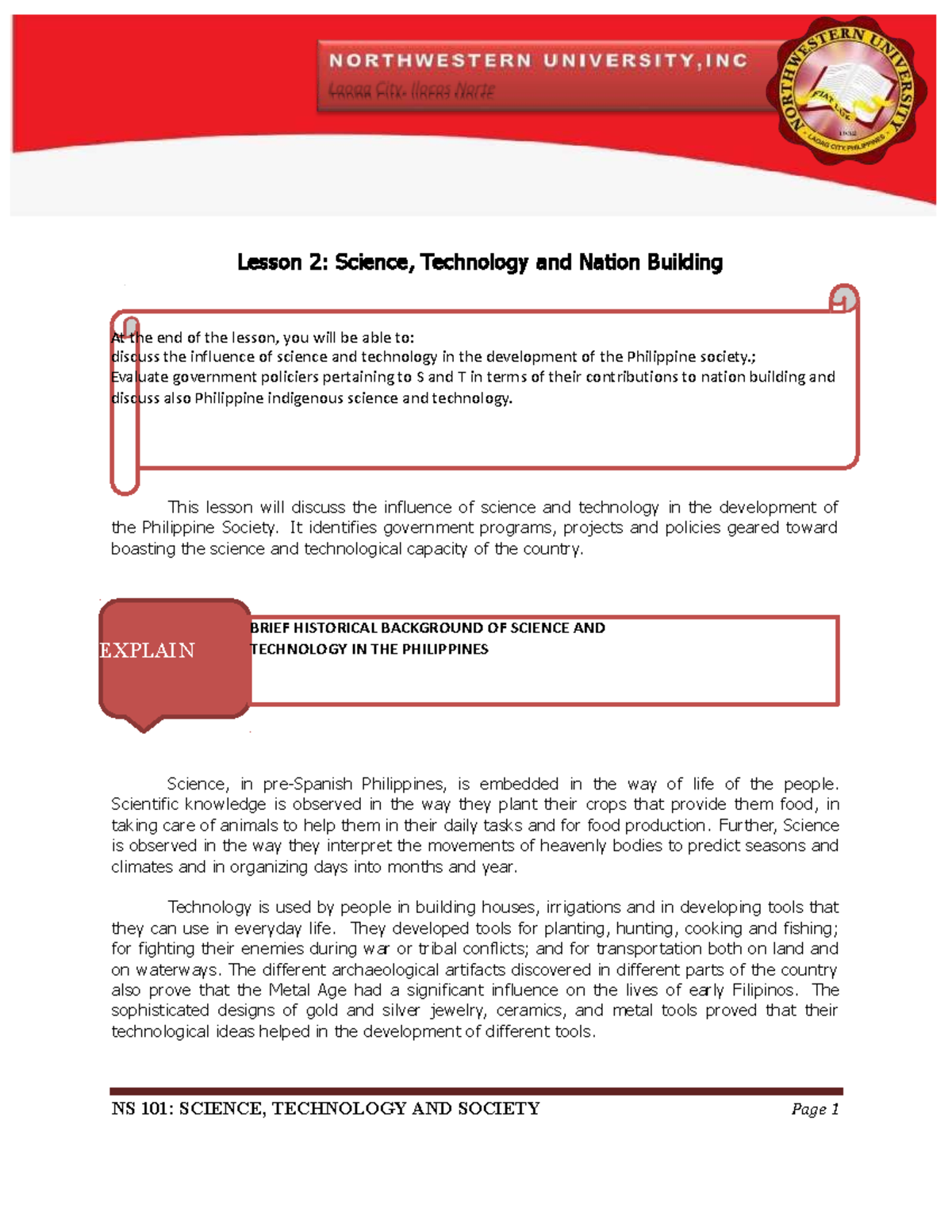 Module ILesson 2Science Technologyand Nation Building - EXPLAIN BRIEF ...