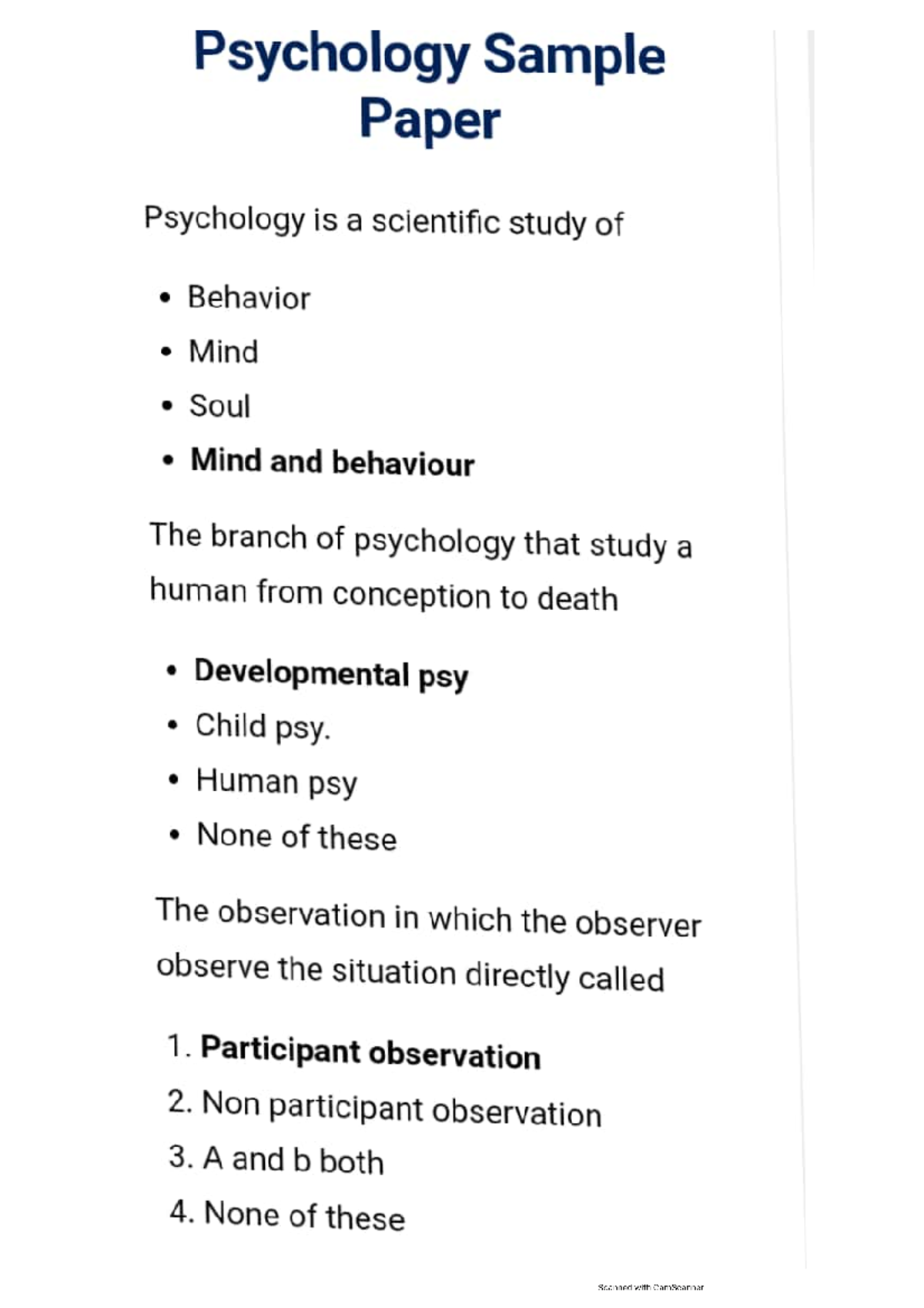 Psychology MCQS - MCQS PDF notes for PSY. - Psychology Sample Paper ...