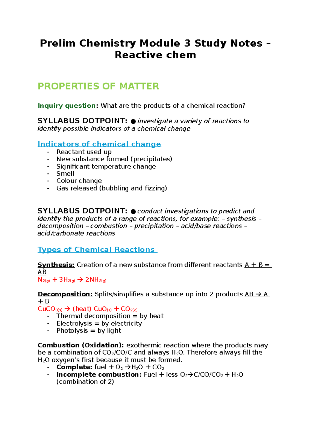 Prelim Chemistry Module 3 Study Notes - Therefore always fill the H 2 O ...