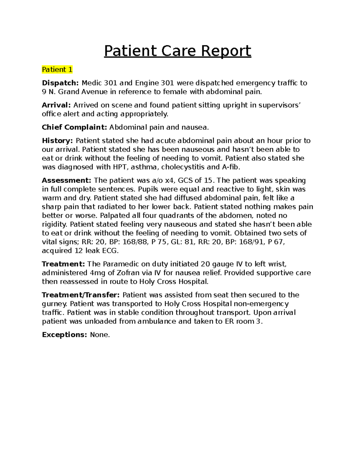 Patient 1 Vehiculars - fre - Patient Care Report Patient 1 Dispatch ...