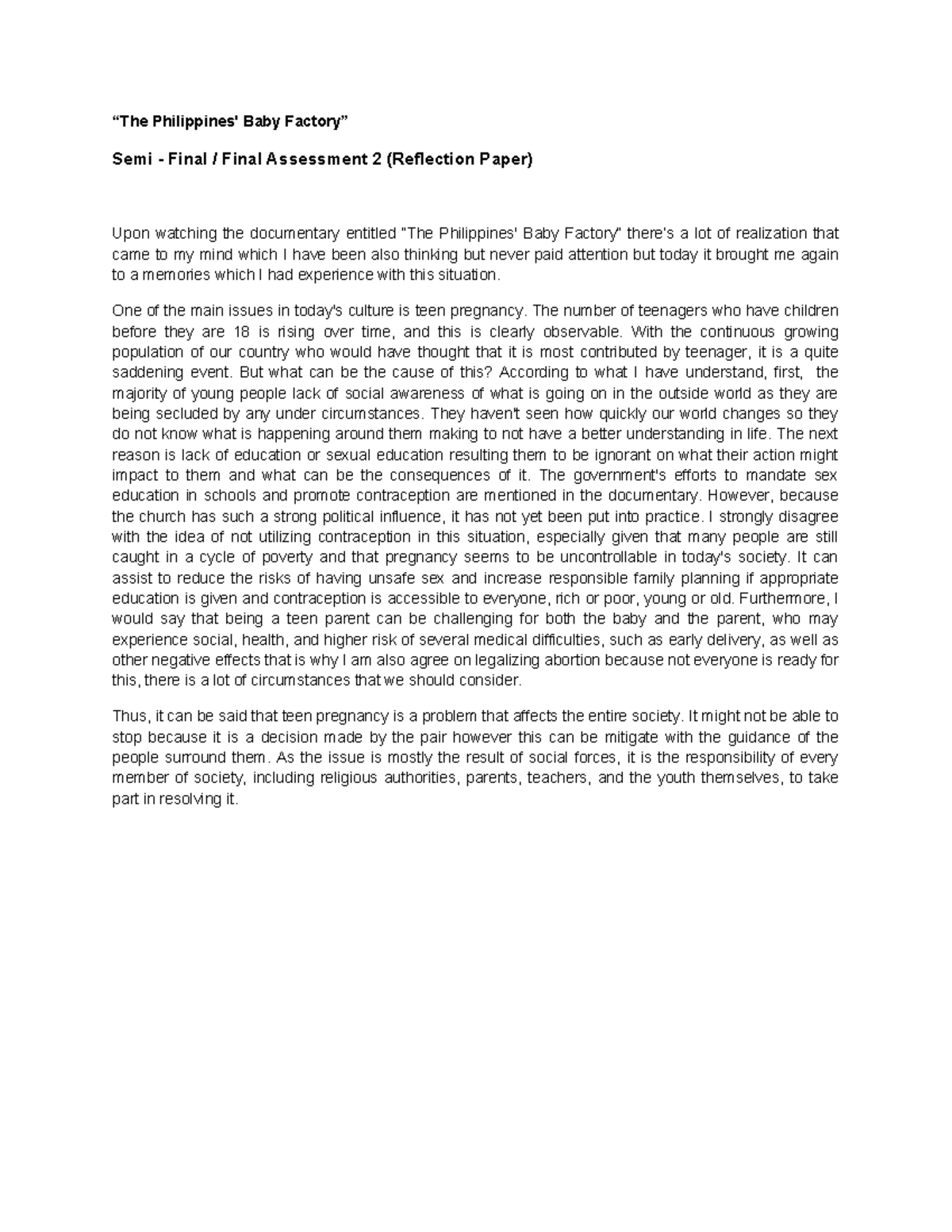 Semi Final Final Assessment 2 (Reflection Paper) - “The Philippines ...