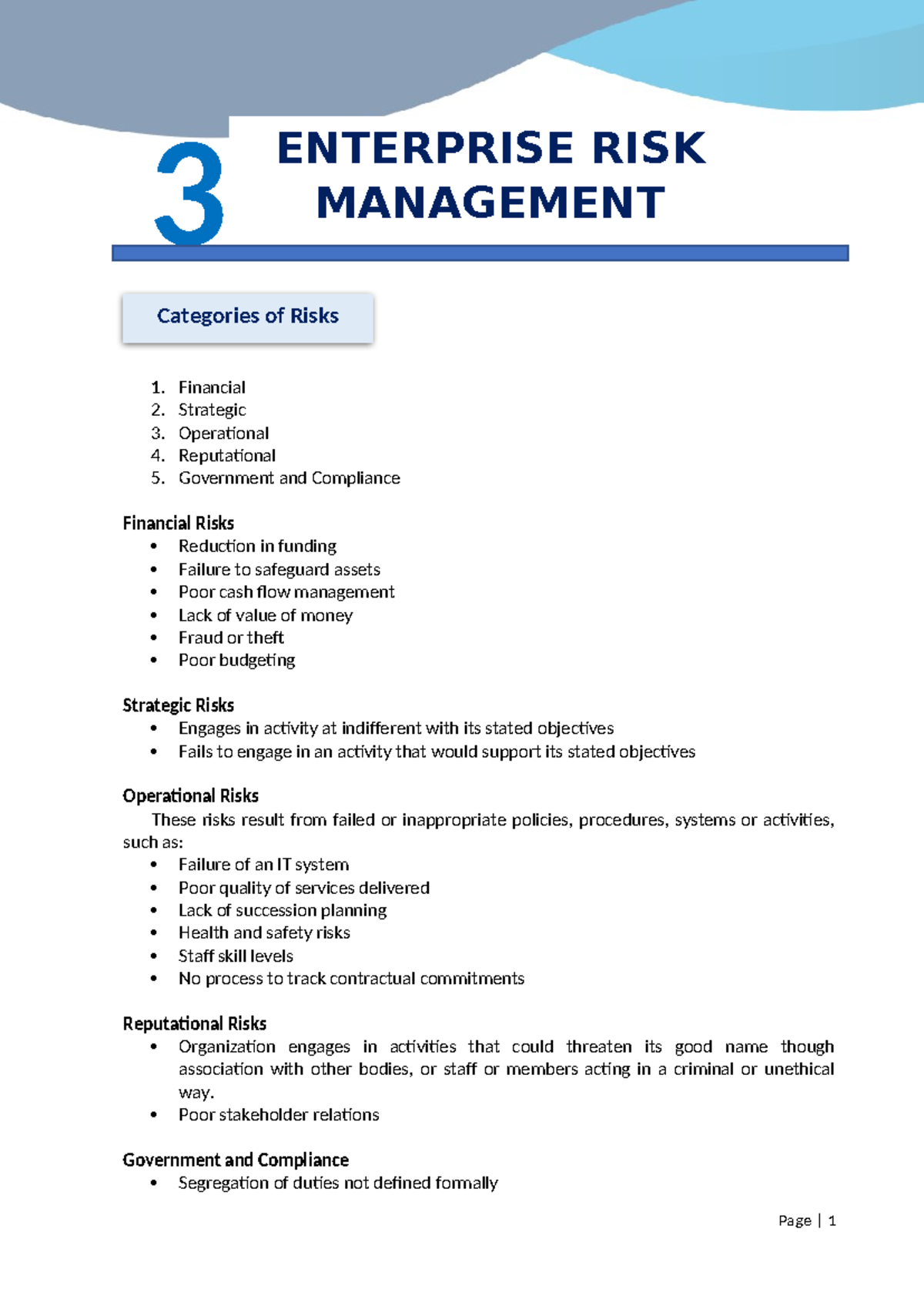 Risk Mngt Chapter 3 - Risk management - ENTERPRISE RISK MANAGEMENT Categories of Risks 1 ...