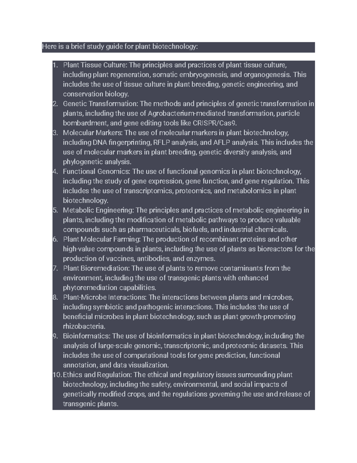 Here is a brief study guide for plant biotechnology - This includes the ...