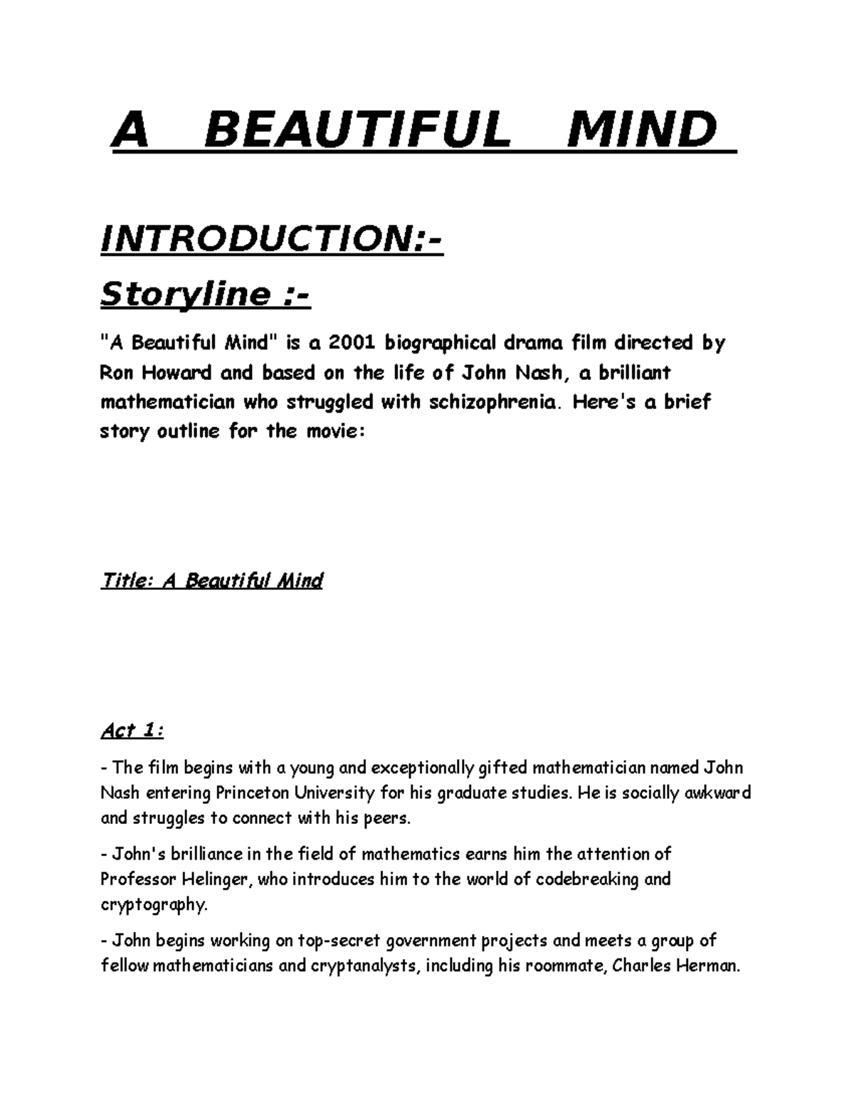 A Beautiful MIND Movie Analysis - A BEAUTIFUL MIND INTRODUCTION ...